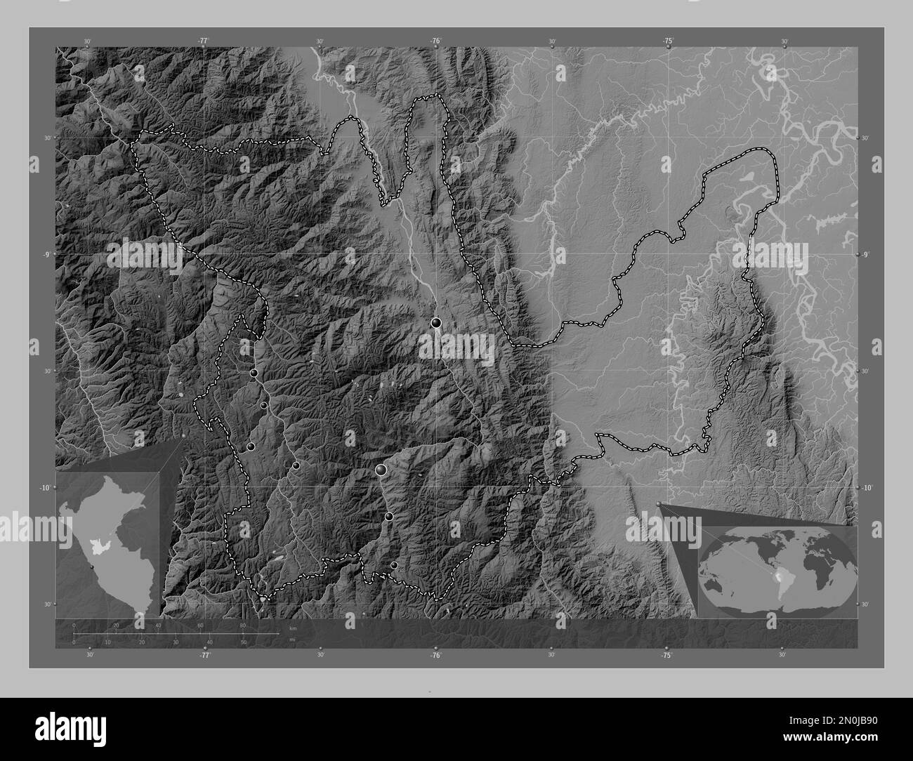 Huanuco, region of Peru. Grayscale elevation map with lakes and rivers ...