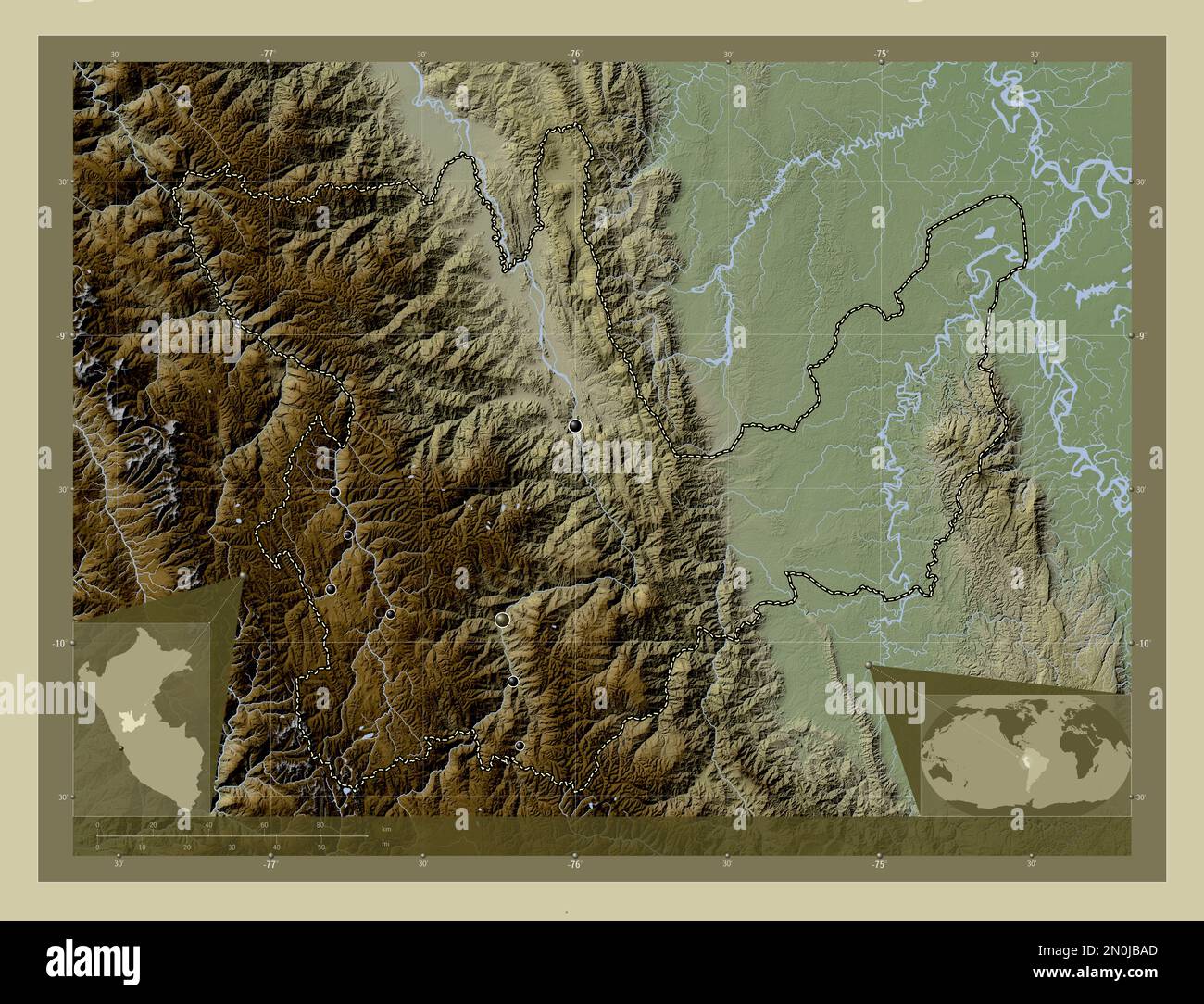 Huanuco, region of Peru. Elevation map colored in wiki style with lakes ...