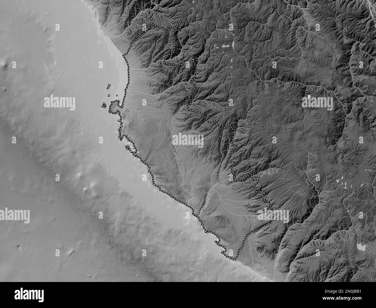Ica, region of Peru. Grayscale elevation map with lakes and rivers ...
