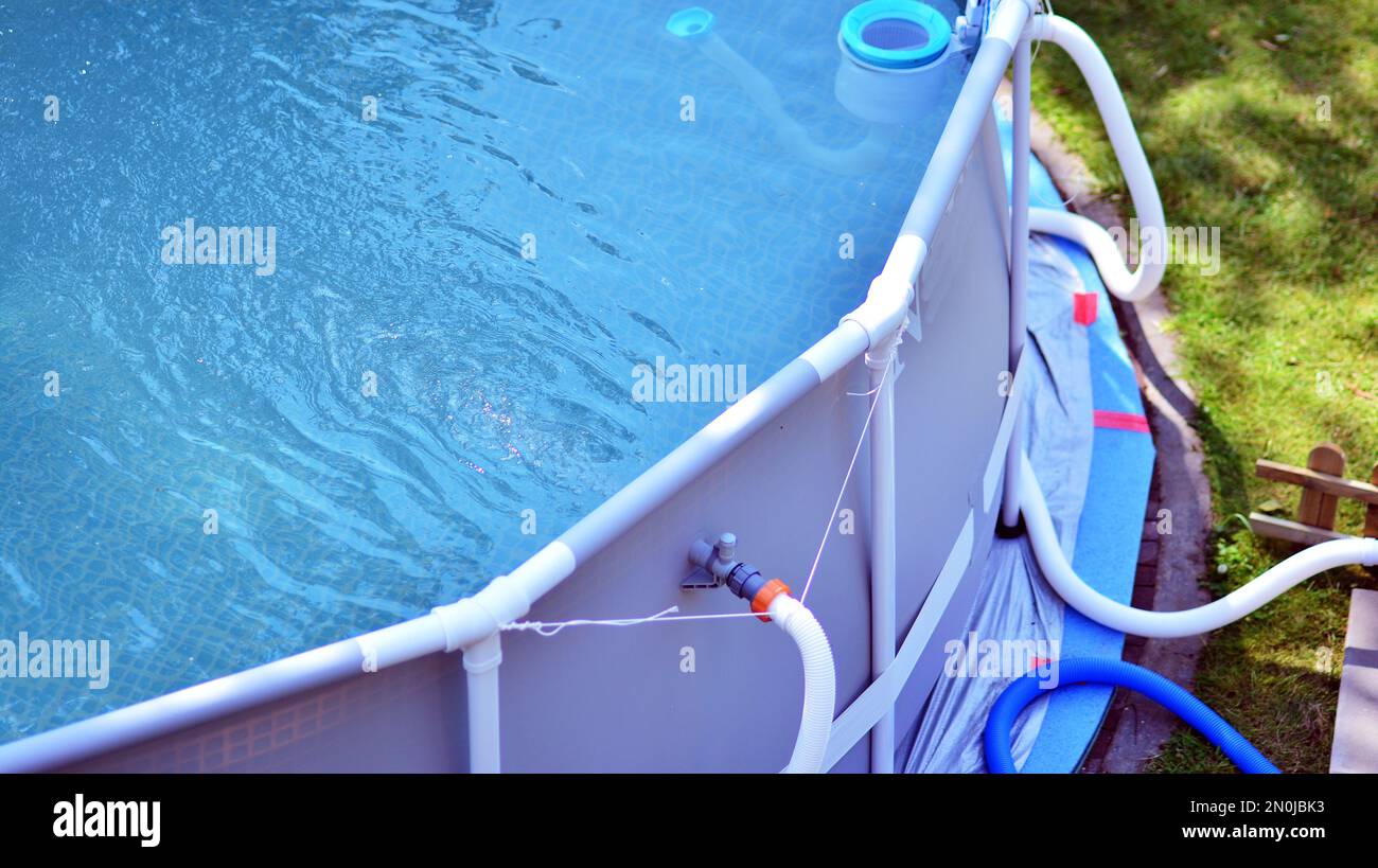 Blue swimming pool part detail in summer day vacation. Crystal blue ...