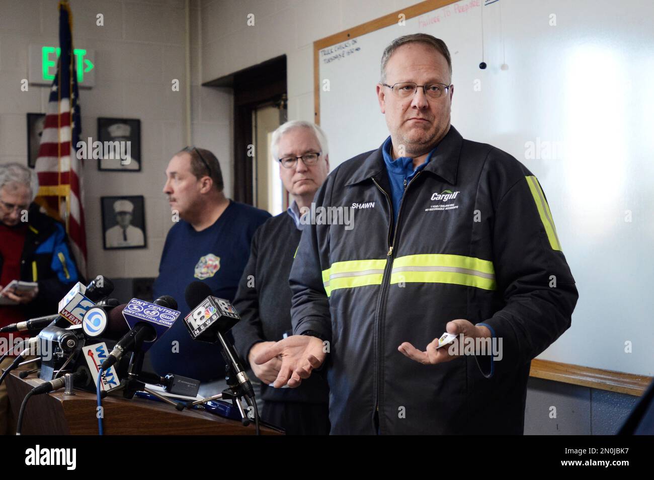 Cargill Mine Manager Shawn Wilczynski, right, speaks during an early ...