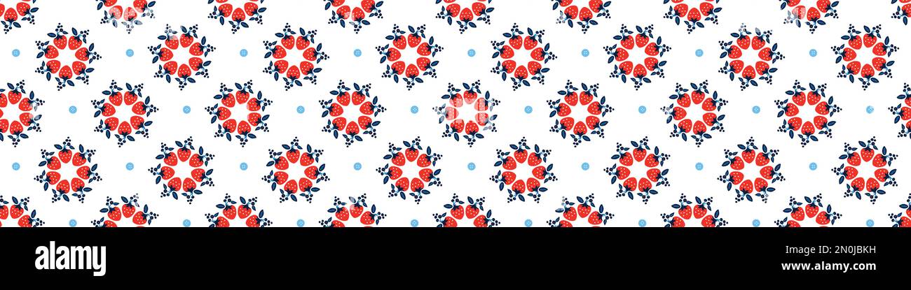 Red and blue folkart quilt vector border. Seamless scandi all over ...