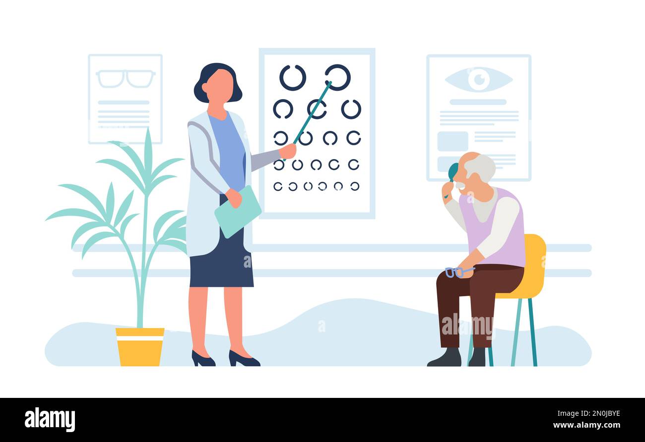 Female ophthalmologist checks old patient eyesight with chart. Vision ...