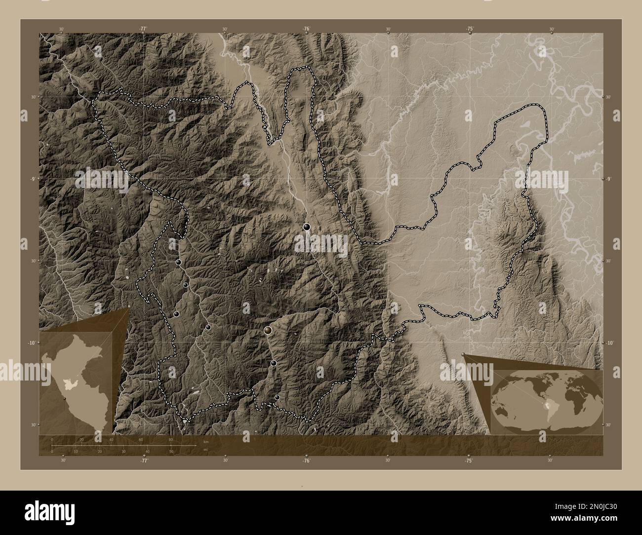 Huanuco, region of Peru. Elevation map colored in sepia tones with ...