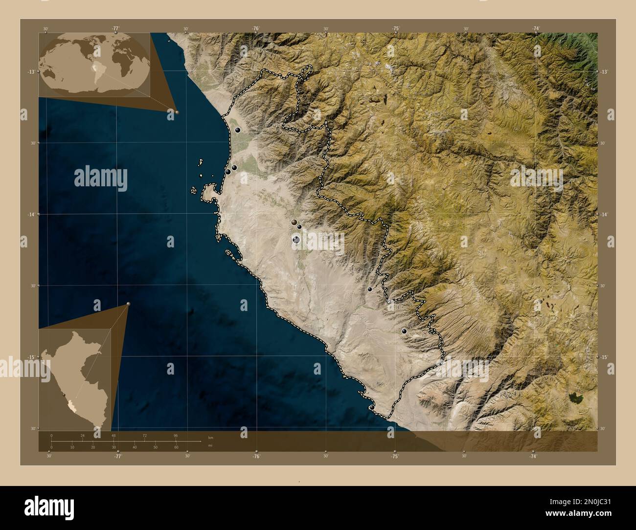 Ica, region of Peru. Low resolution satellite map. Locations of major ...