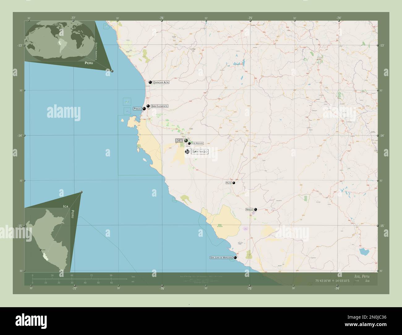 Ica, region of Peru. Open Street Map. Locations and names of major ...