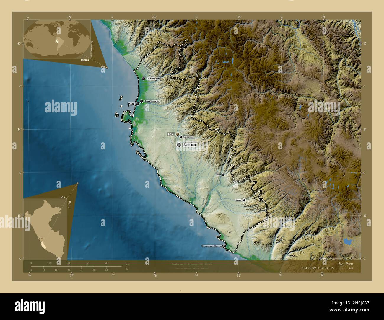 Ica, region of Peru. Colored elevation map with lakes and rivers ...