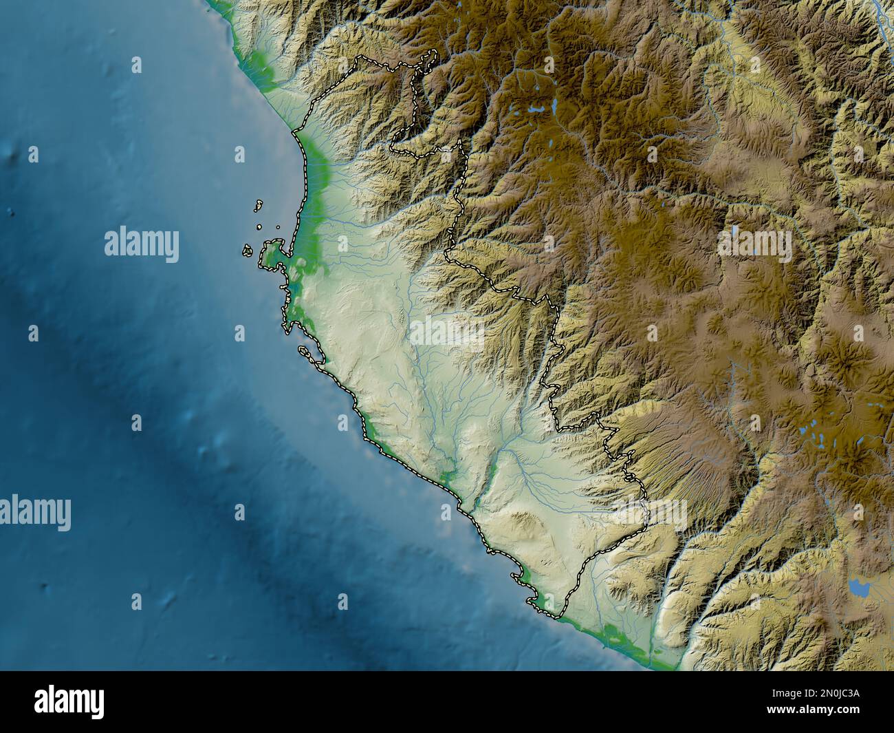 Ica, region of Peru. Colored elevation map with lakes and rivers Stock ...