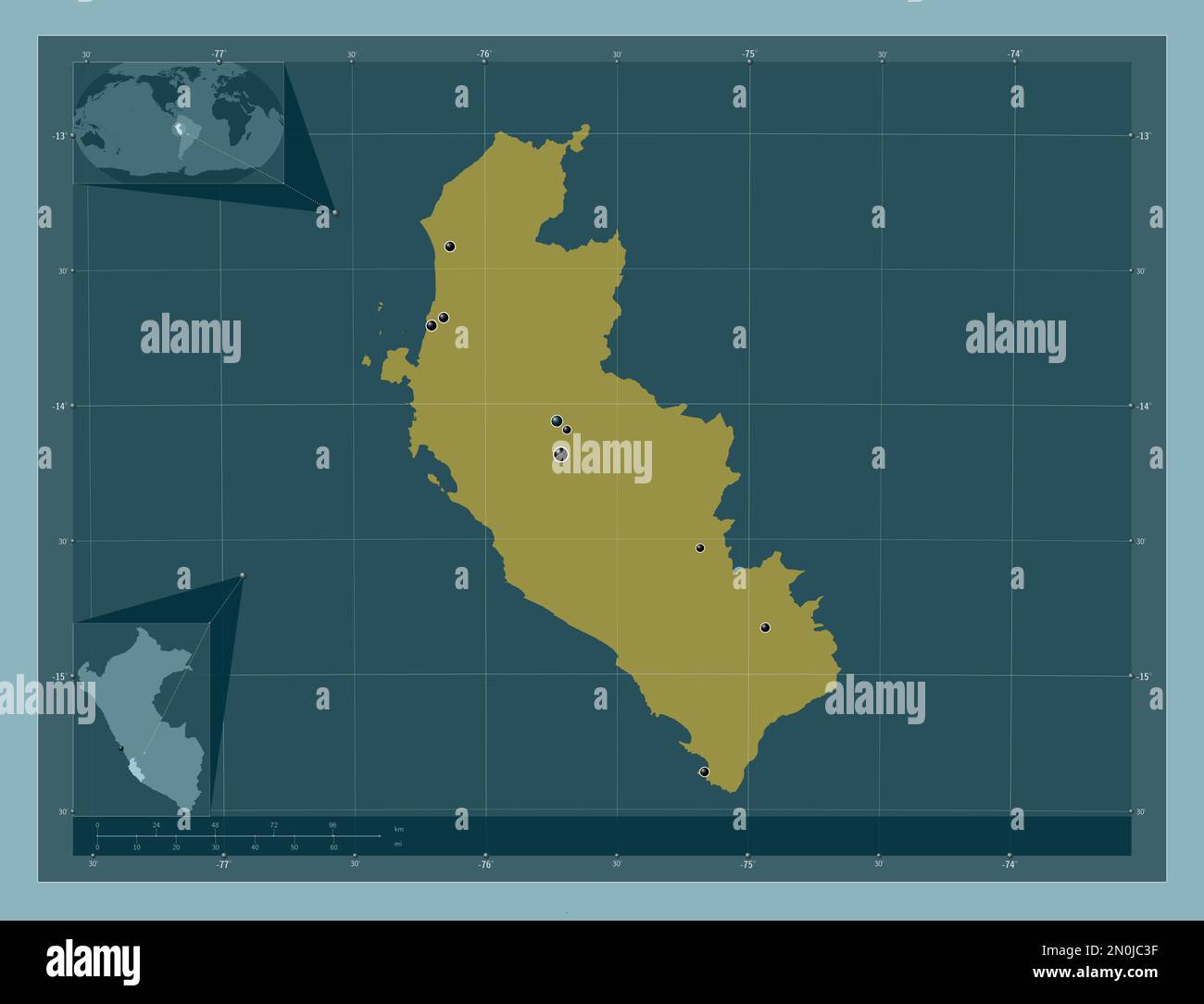 Ica, region of Peru. Solid color shape. Locations of major cities of ...