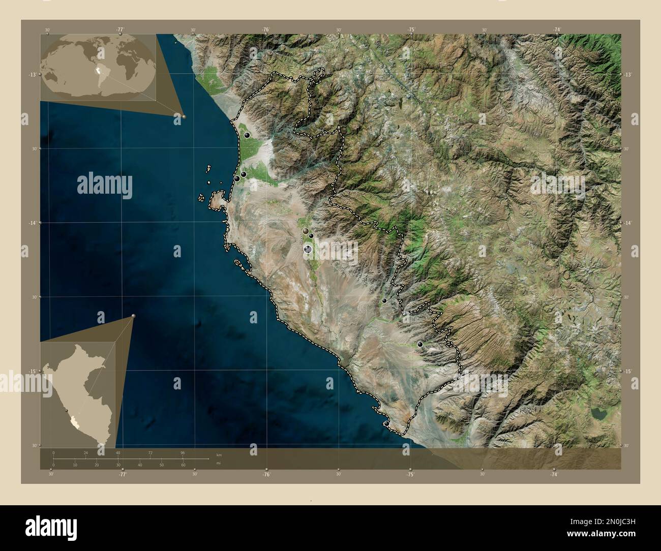 Ica, region of Peru. High resolution satellite map. Locations of major ...