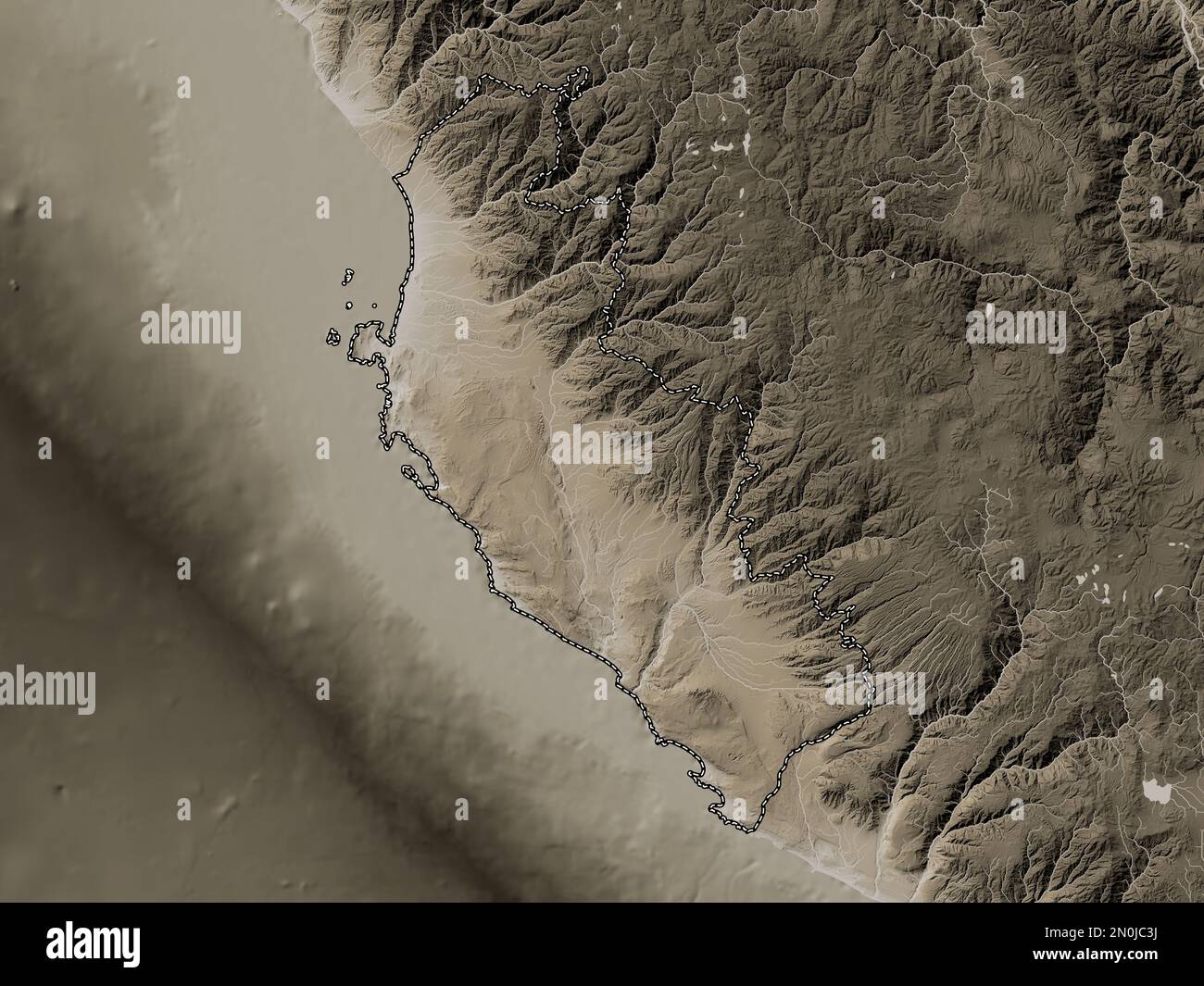 Ica, region of Peru. Elevation map colored in sepia tones with lakes ...