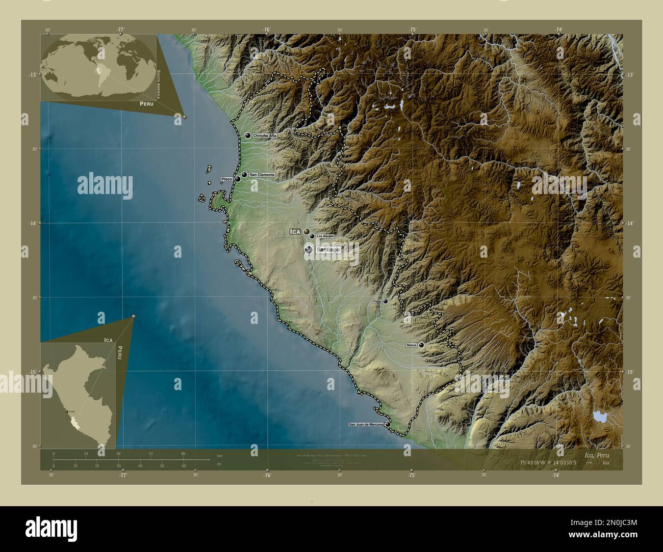 Ica, region of Peru. Elevation map colored in wiki style with lakes and ...