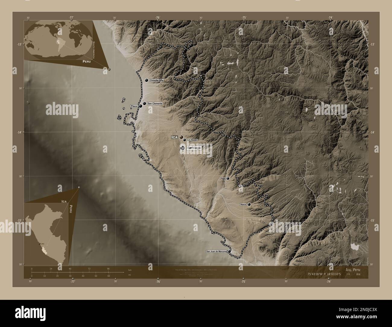 Ica, region of Peru. Elevation map colored in sepia tones with lakes ...