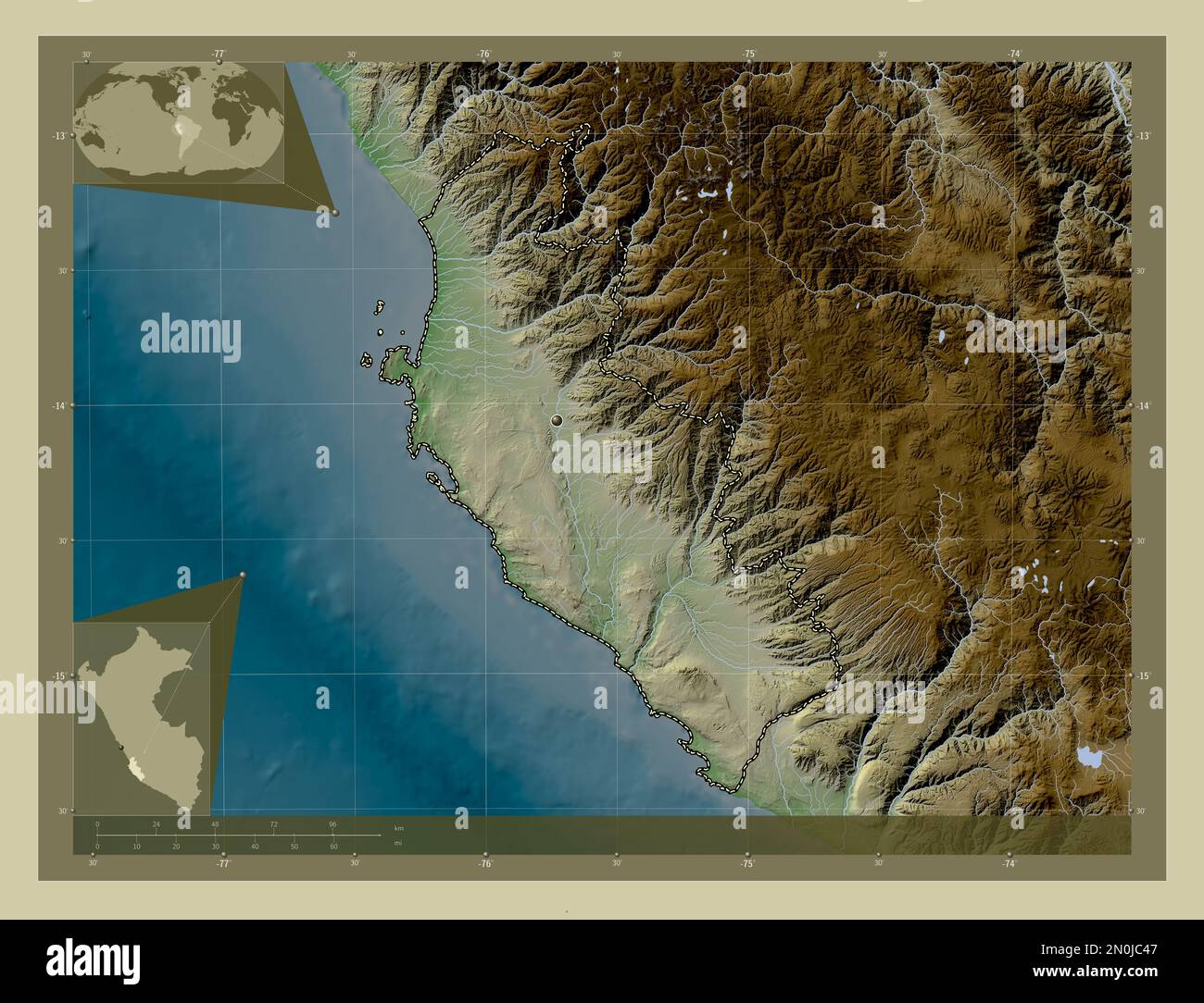 Ica, region of Peru. Elevation map colored in wiki style with lakes and ...