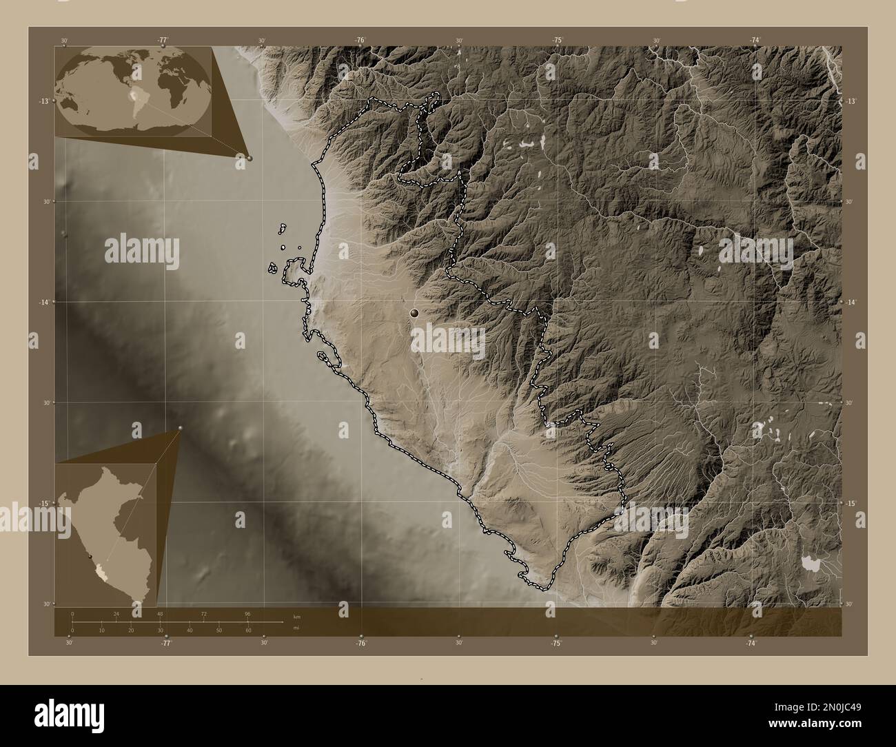 Ica, region of Peru. Elevation map colored in sepia tones with lakes ...