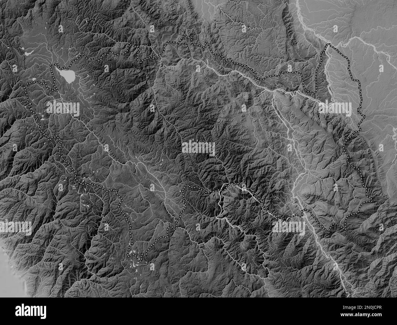 Junin, region of Peru. Grayscale elevation map with lakes and rivers ...