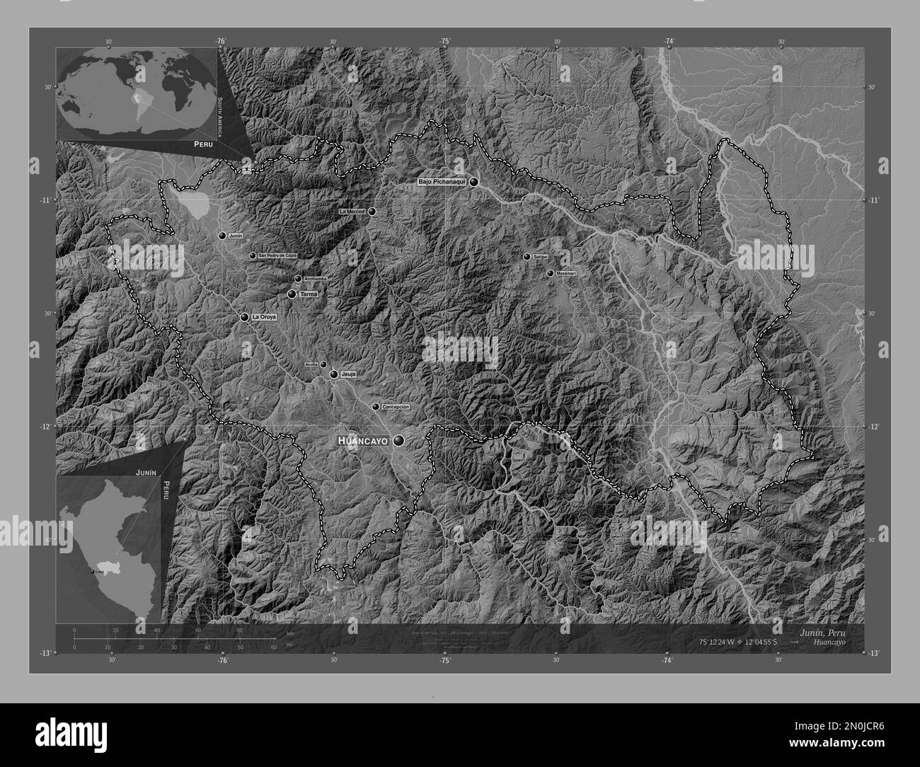 Junin, region of Peru. Bilevel elevation map with lakes and rivers ...