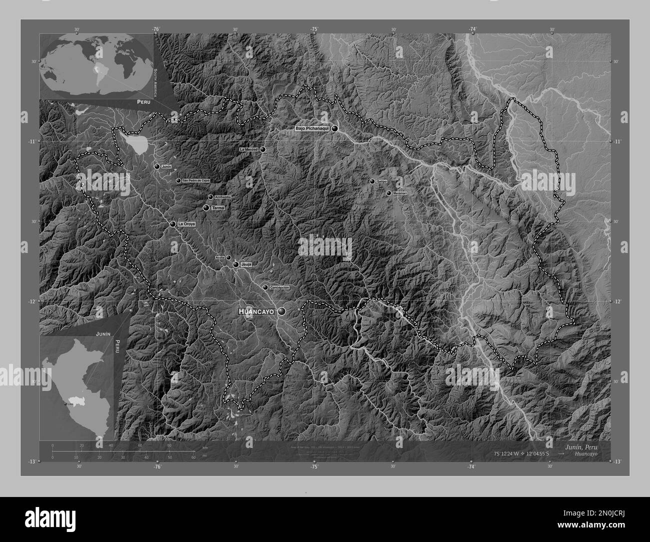 Junin, region of Peru. Grayscale elevation map with lakes and rivers ...