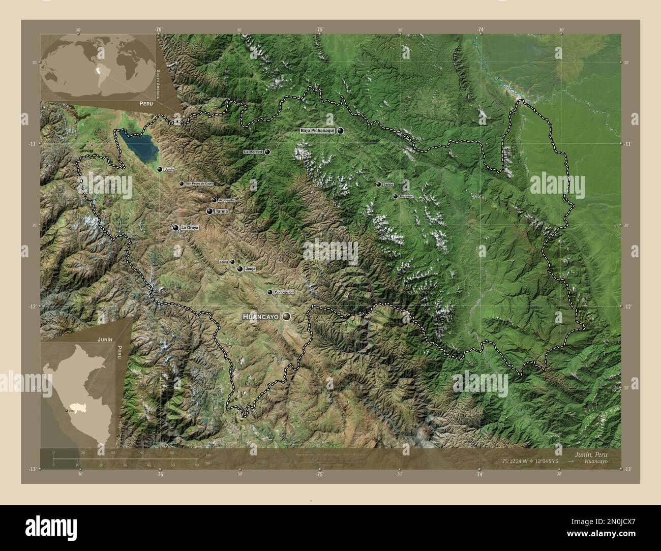 Junin, region of Peru. High resolution satellite map. Locations and ...