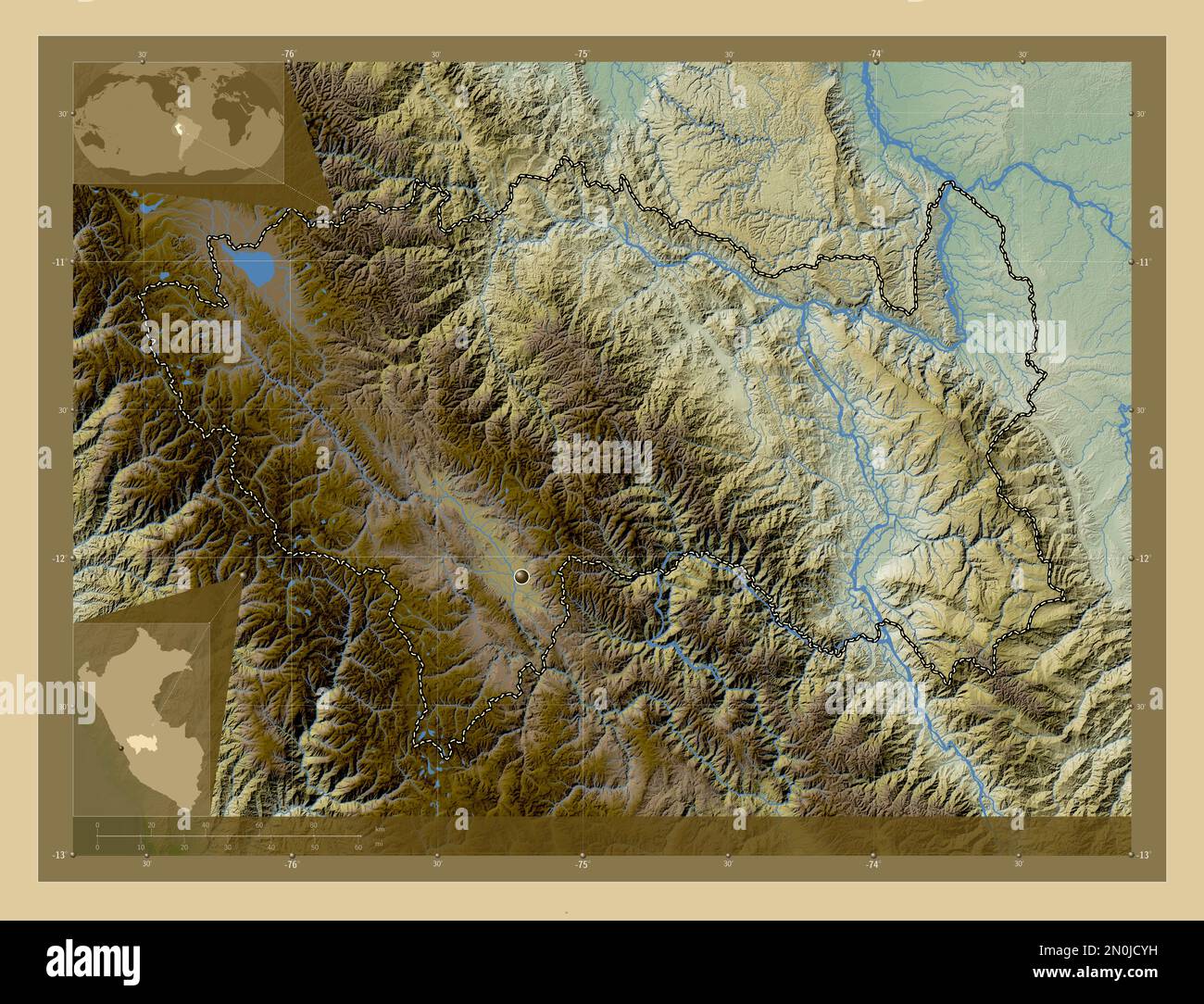 Junin, region of Peru. Colored elevation map with lakes and rivers ...