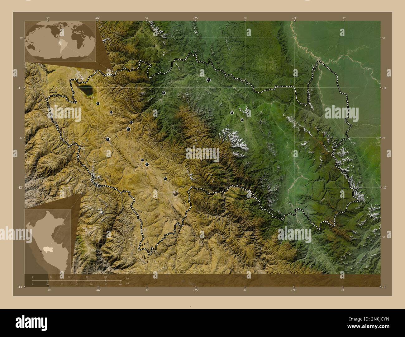 Junin, region of Peru. Low resolution satellite map. Locations of major ...