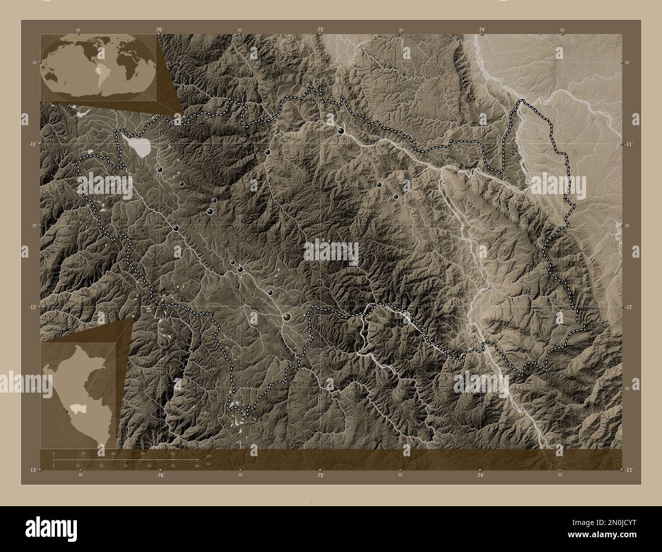 Junin, region of Peru. Elevation map colored in sepia tones with lakes ...