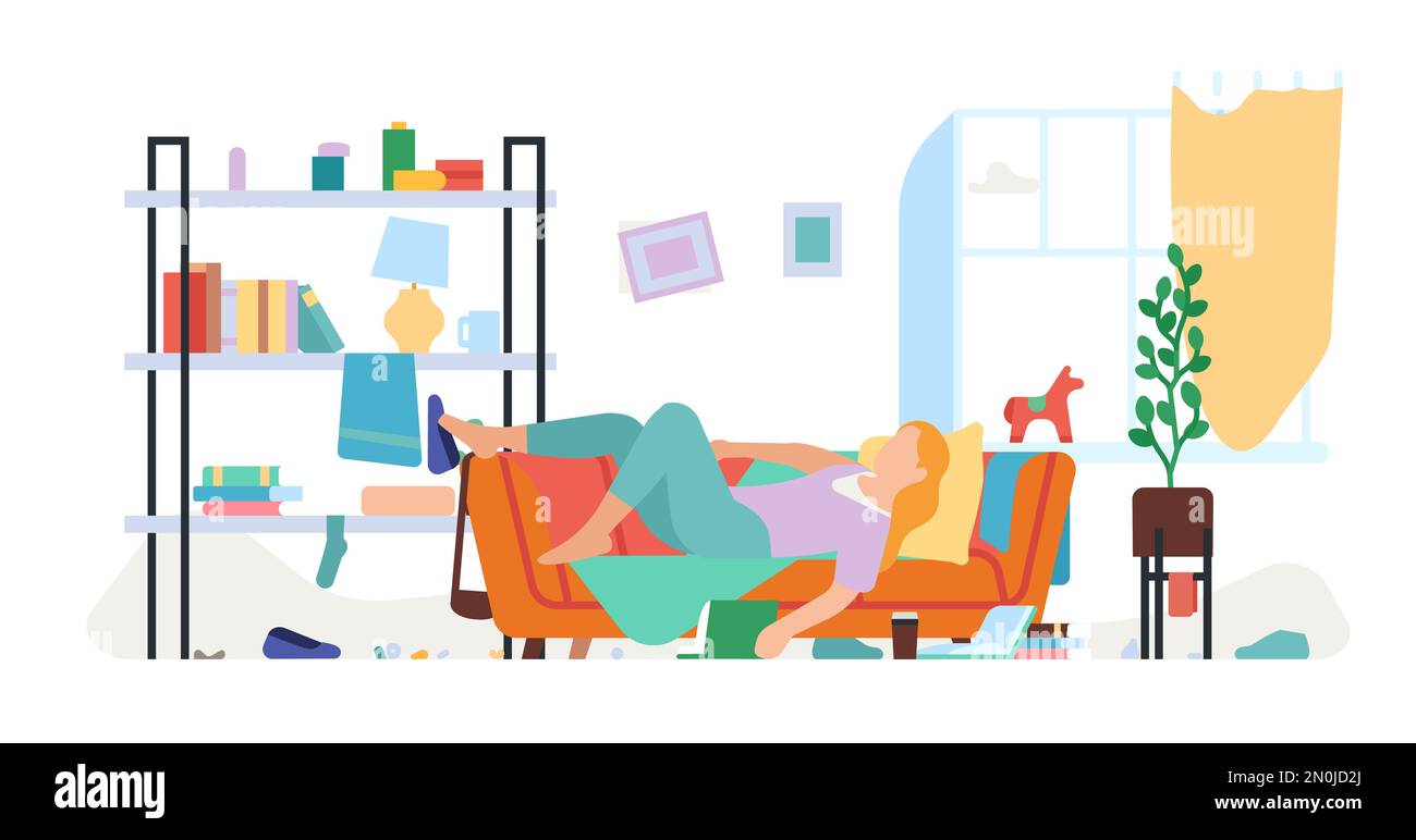 Lazy woman in messy room. Home clutter. Trash and scattered things ...