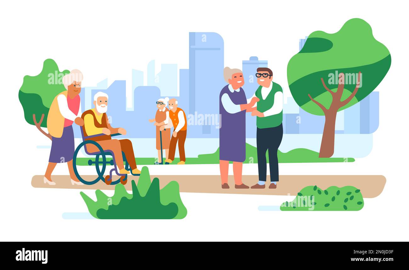 Older couples walking together in park. Happy elderly people. Seniors leisure. Disabled ...