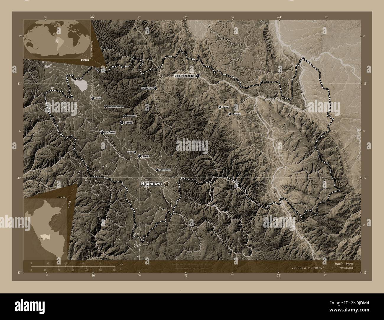 Junin, region of Peru. Elevation map colored in sepia tones with lakes ...