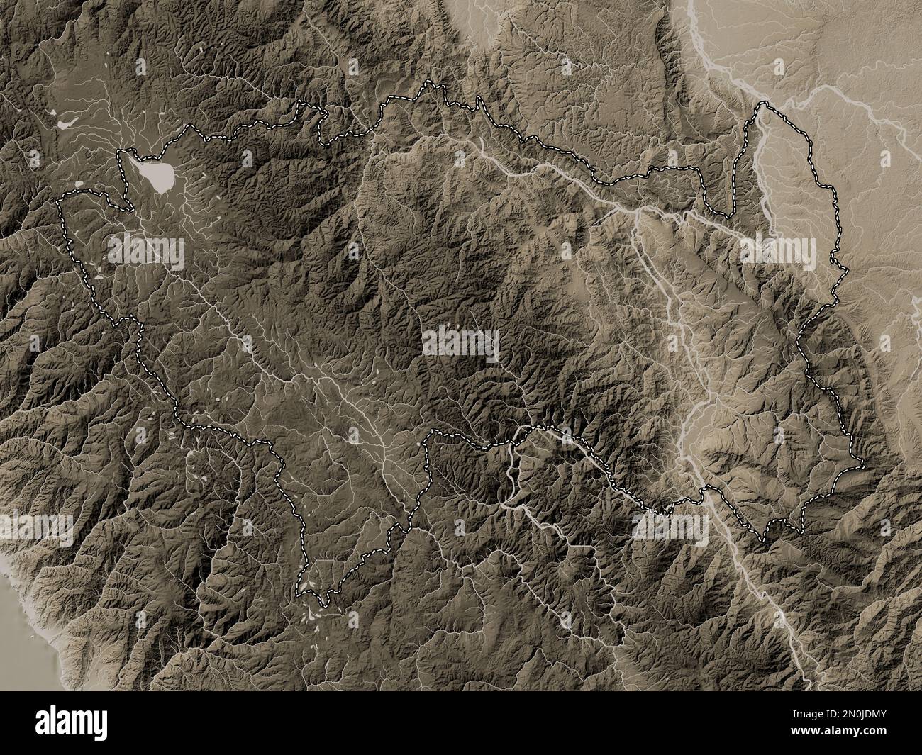 Junin, region of Peru. Elevation map colored in sepia tones with lakes ...