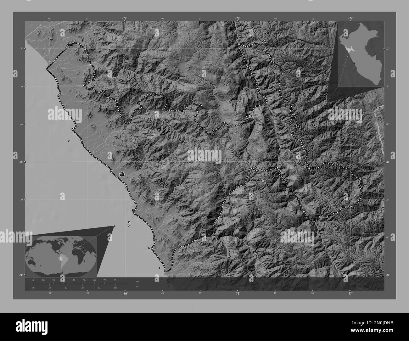 La Libertad, region of Peru. Bilevel elevation map with lakes and ...