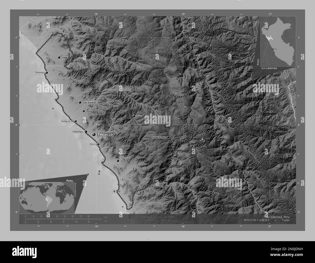 La Libertad, region of Peru. Grayscale elevation map with lakes and ...