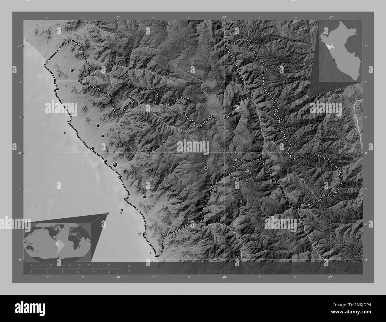 La Libertad, region of Peru. Grayscale elevation map with lakes and ...