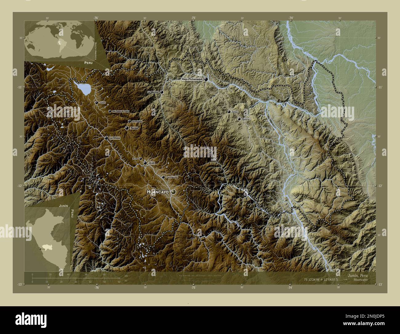 Junin, region of Peru. Elevation map colored in wiki style with lakes ...