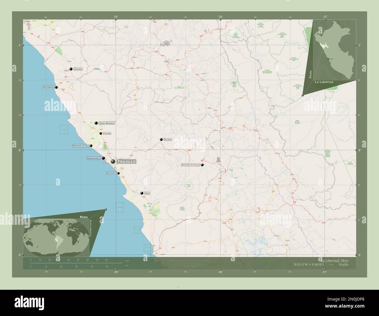 La Libertad, region of Peru. Open Street Map. Locations and names of ...