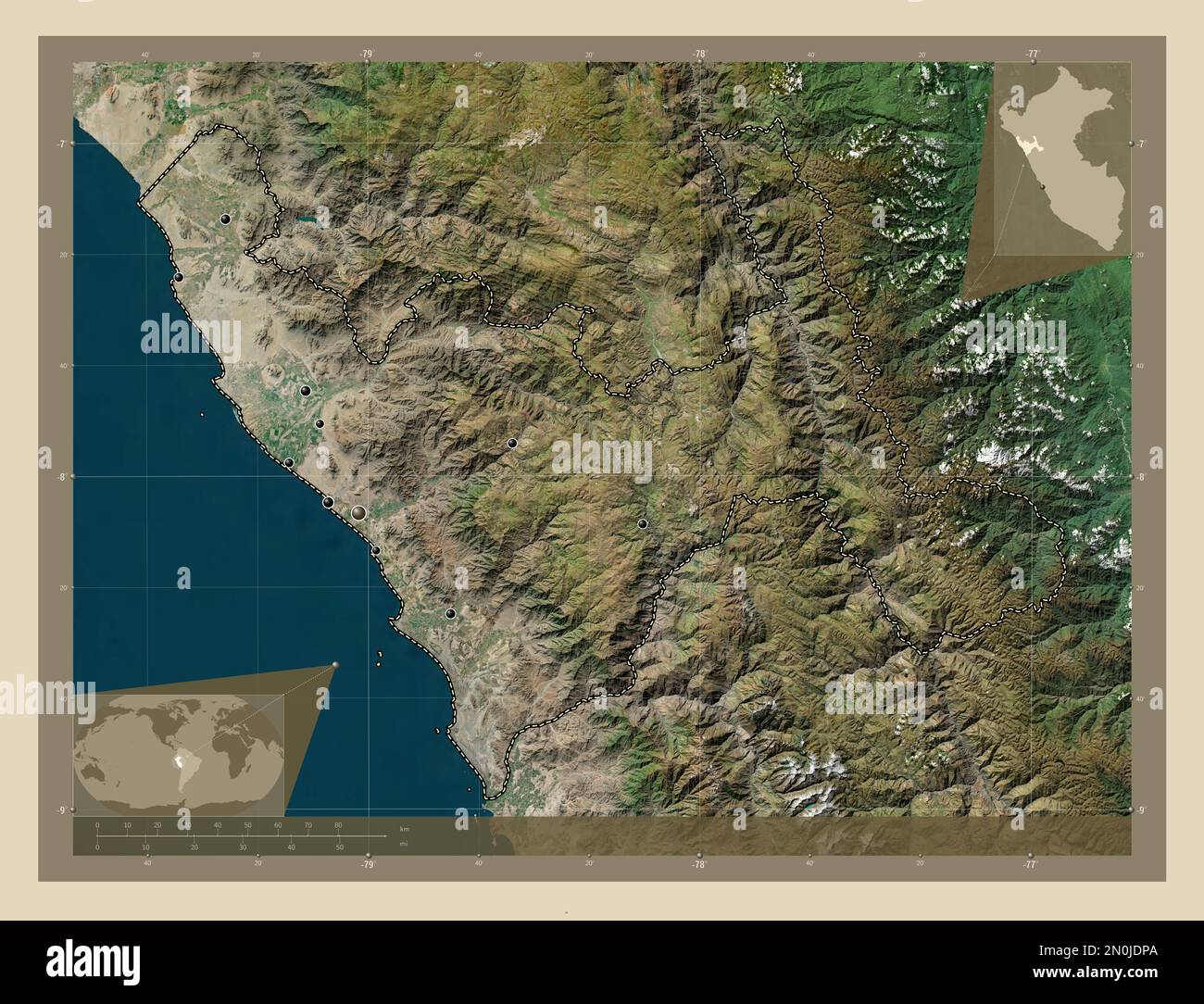 La Libertad, region of Peru. High resolution satellite map. Locations ...