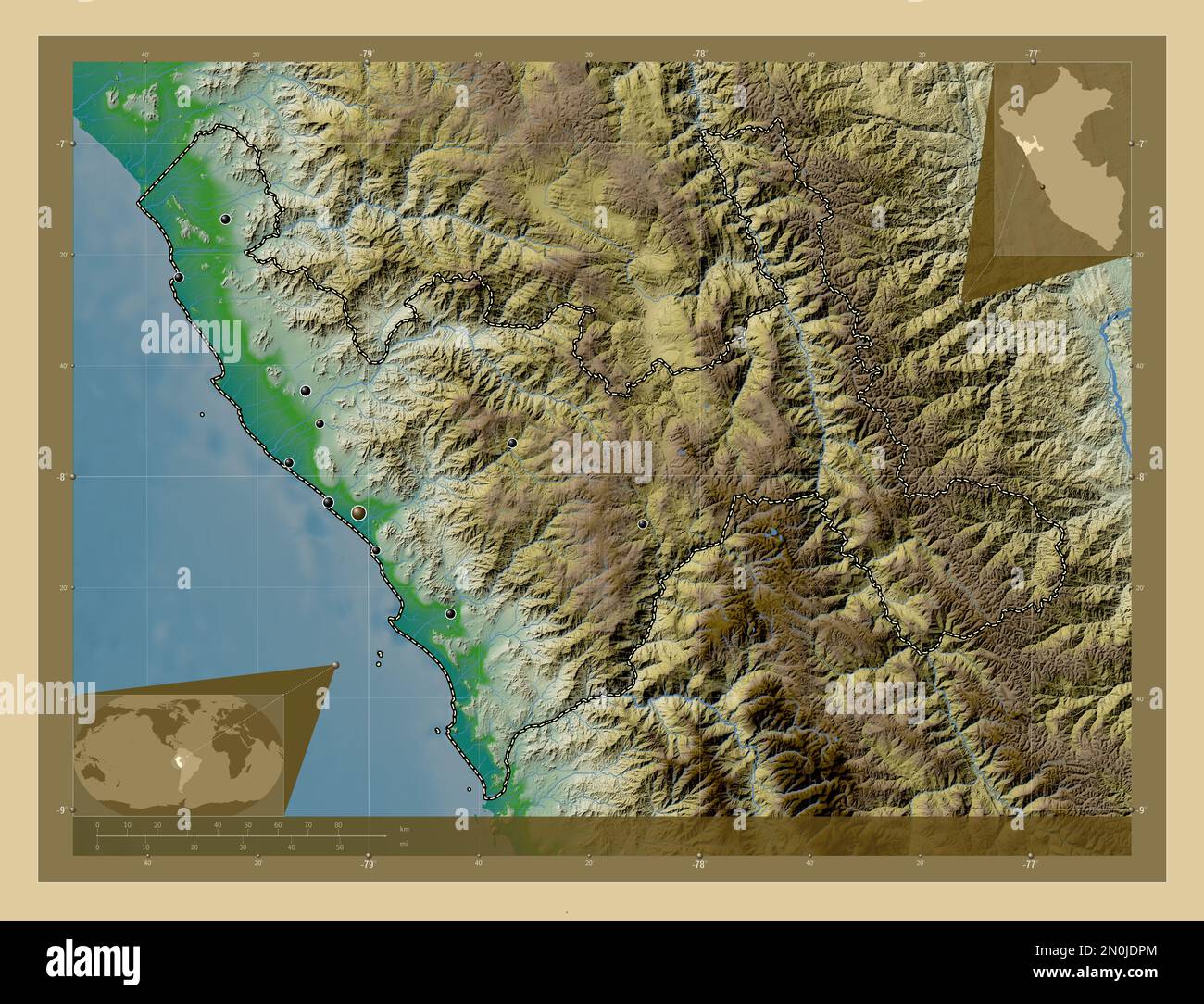 La Libertad, region of Peru. Colored elevation map with lakes and ...