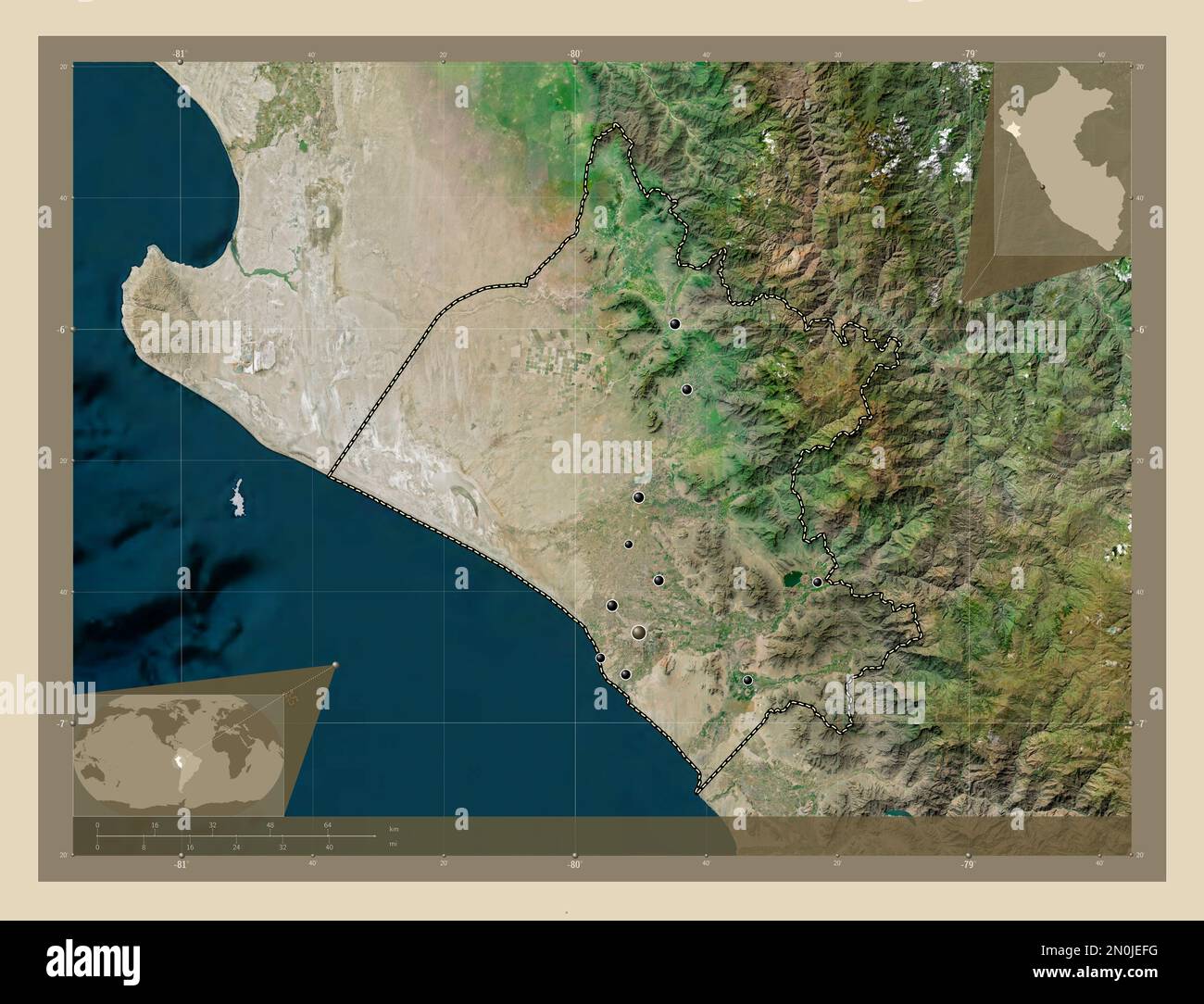 Lambayeque, region of Peru. High resolution satellite map. Locations of ...