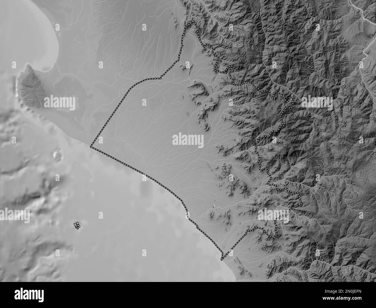 Lambayeque, region of Peru. Grayscale elevation map with lakes and ...