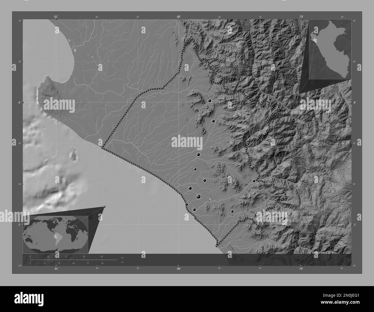 Lambayeque, region of Peru. Bilevel elevation map with lakes and rivers ...