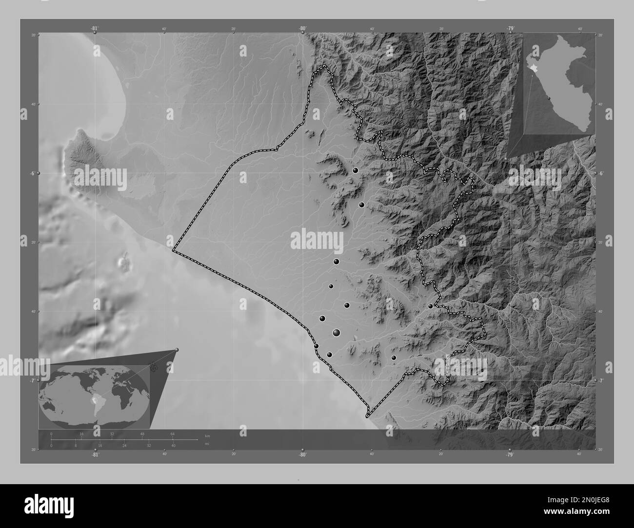 Lambayeque, region of Peru. Grayscale elevation map with lakes and ...