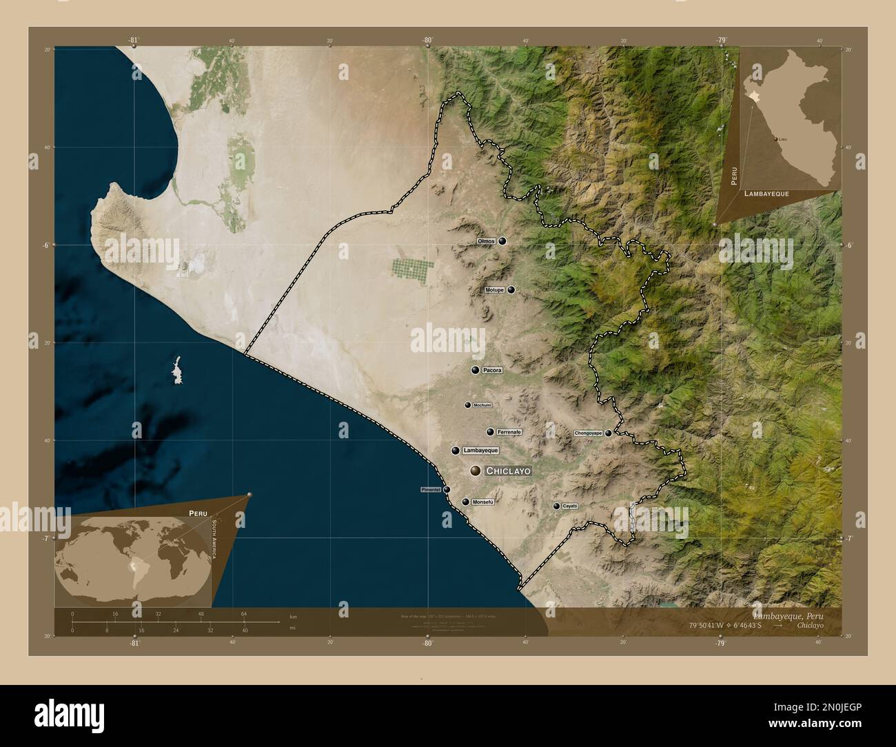Lambayeque, region of Peru. Low resolution satellite map. Locations and ...