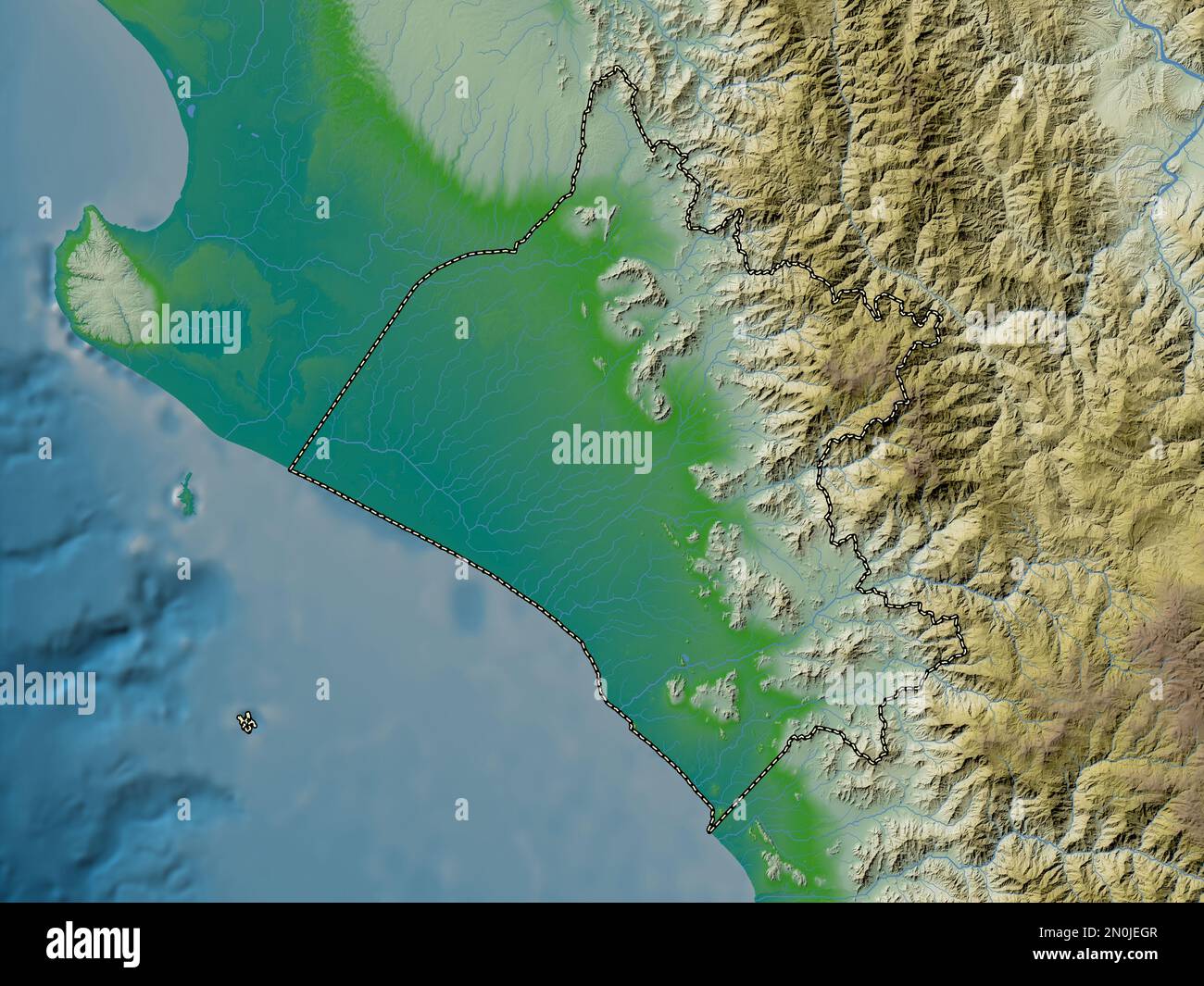 Lambayeque, region of Peru. Colored elevation map with lakes and rivers ...