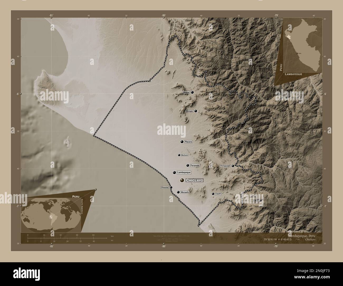 Lambayeque, region of Peru. Elevation map colored in sepia tones with ...