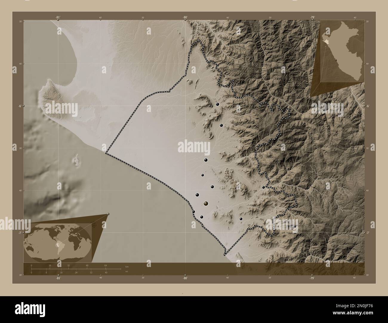 Lambayeque, region of Peru. Elevation map colored in sepia tones with ...