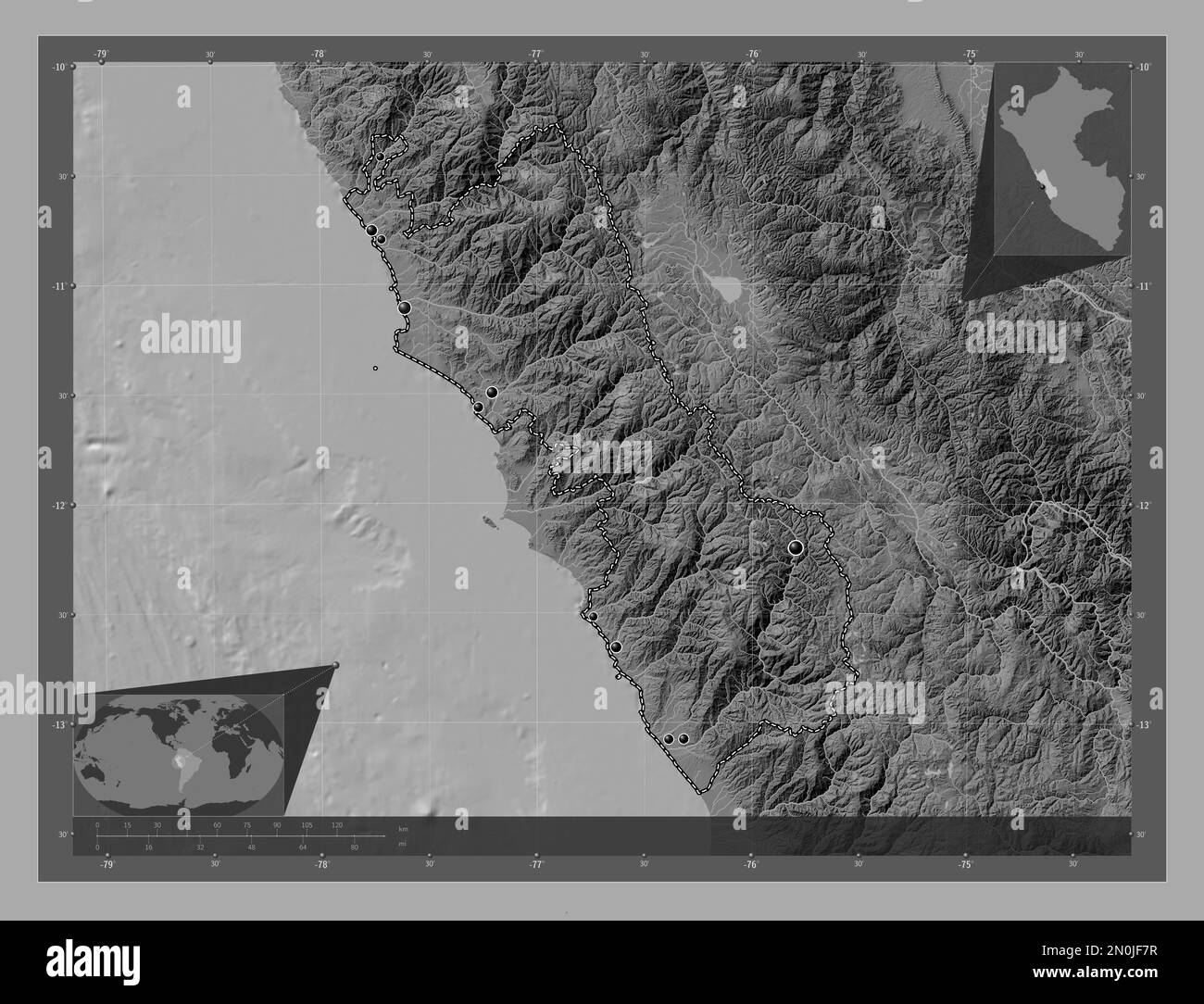 Lima, region of Peru. Bilevel elevation map with lakes and rivers ...