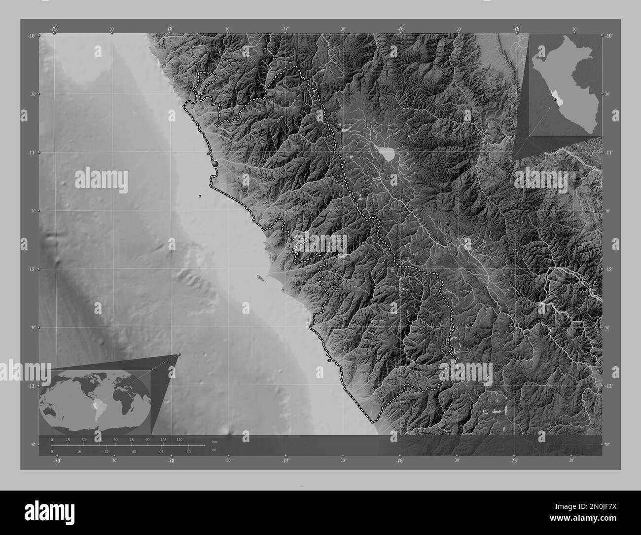Lima, region of Peru. Grayscale elevation map with lakes and rivers ...