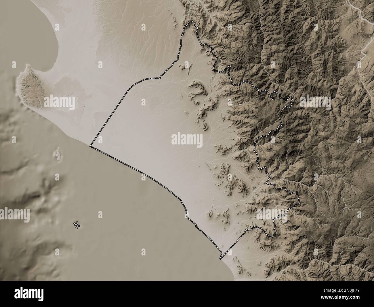 Lambayeque, region of Peru. Elevation map colored in sepia tones with ...