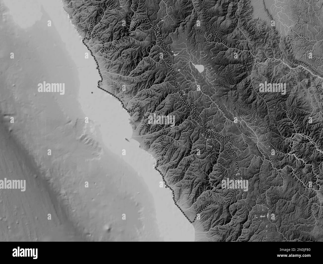 Lima, region of Peru. Grayscale elevation map with lakes and rivers ...