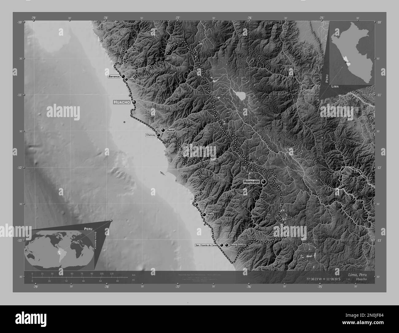 Lima, region of Peru. Grayscale elevation map with lakes and rivers ...